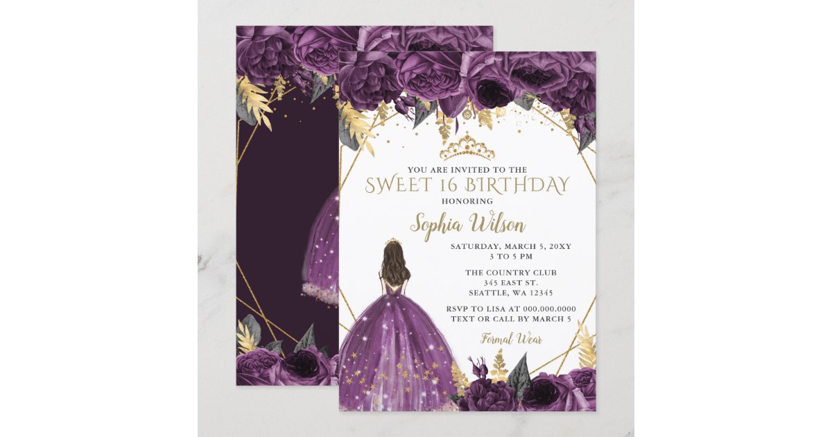 Purple Gold Floral Princess Sweet 16 Invitation | Zazzle