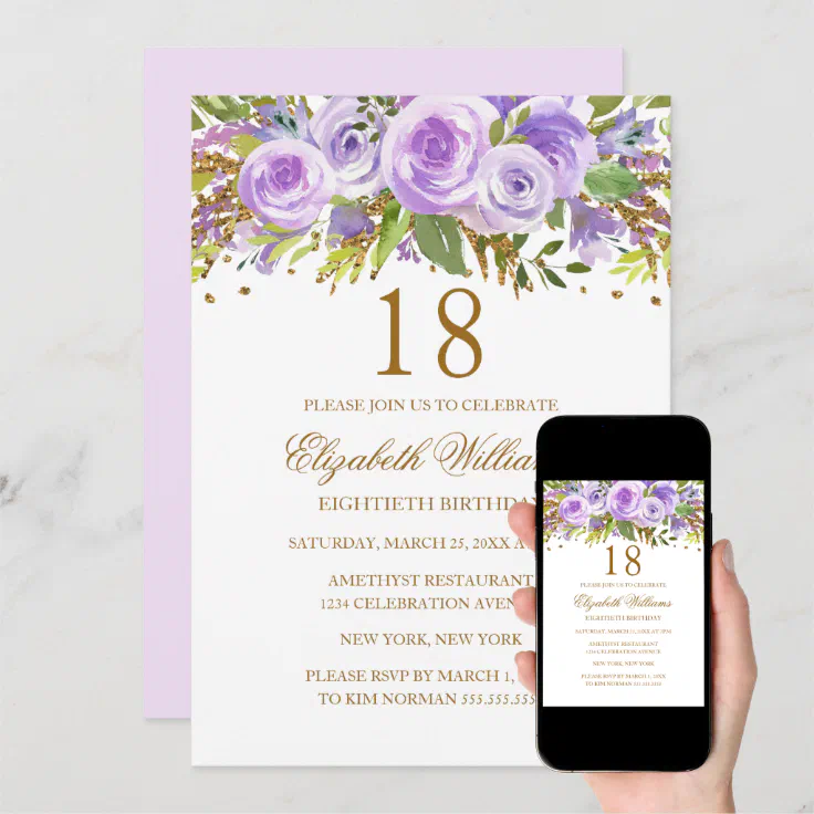 Purple Gold Floral Rose 18th Birthday Invitation | Zazzle