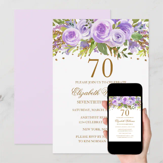 Purple Gold Floral Rose 70th Birthday Invitation | Zazzle