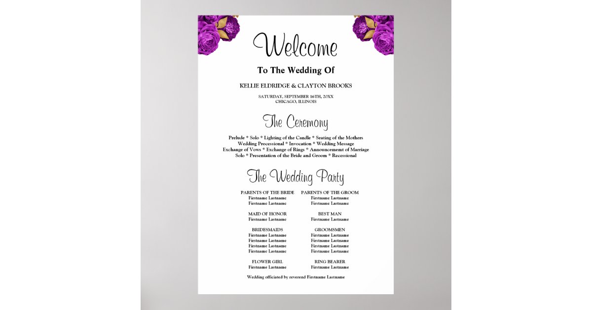 Purple/Gold Floral Wedding Ceremony Program Sign | Zazzle