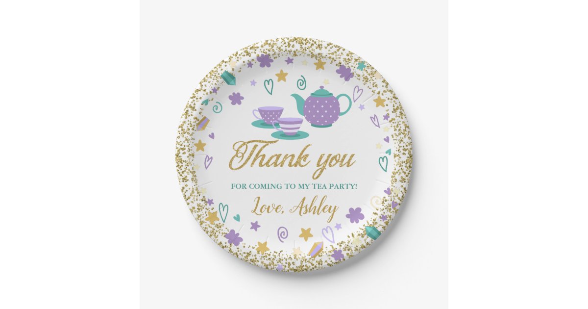 Purple Gold Glitter Birthday Tea Party Thank You Paper Plates | Zazzle
