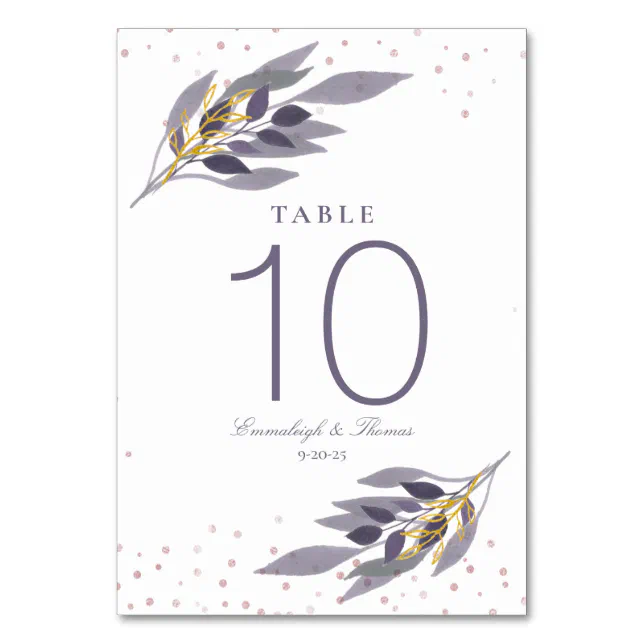 Purple Gold Glitter Botanical Wedding Table Number | Zazzle