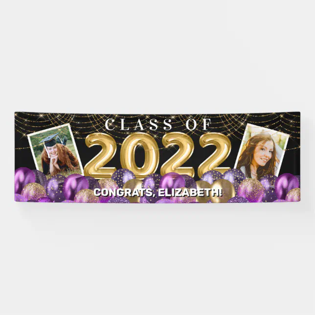 Purple Gold Glitter Class of 2022 Photo Graduation Banner | Zazzle