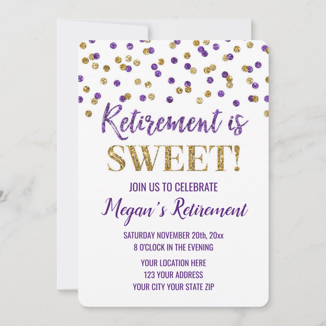 Purple Gold Glitter Confetti Retirement Party Invitation | Zazzle
