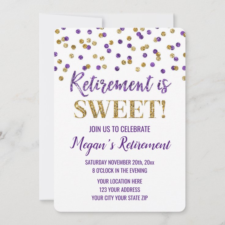 Purple Gold Glitter Confetti Retirement Party Invitation | Zazzle