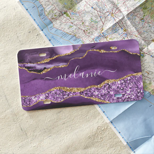Purple Gold Glitter Custom Your Name License Plate | Zazzle