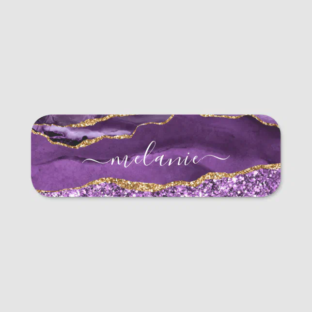 Purple Gold Glitter Marble Personalized Name Tag | Zazzle