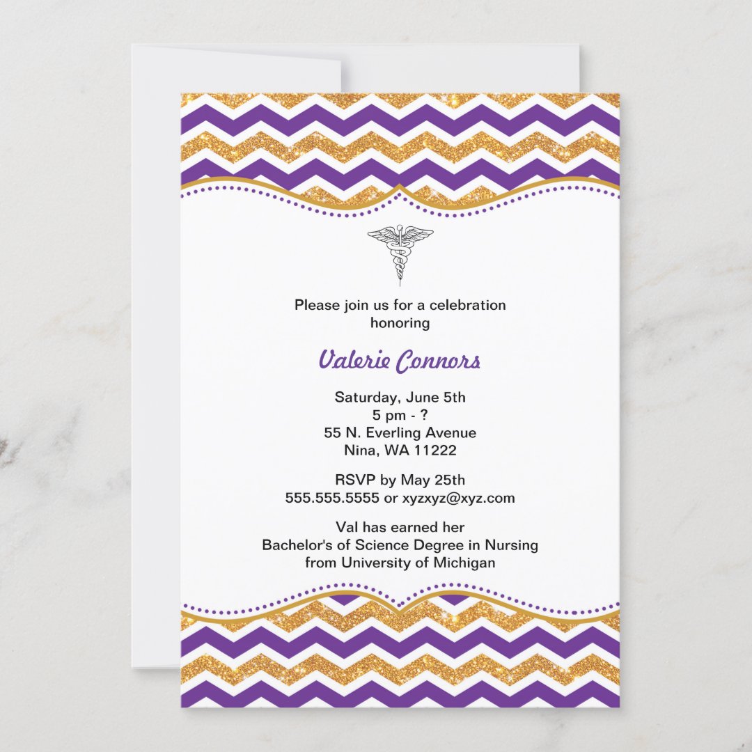 Purple & Gold Glitter Nurse Graduation RN BSN Invitation | Zazzle