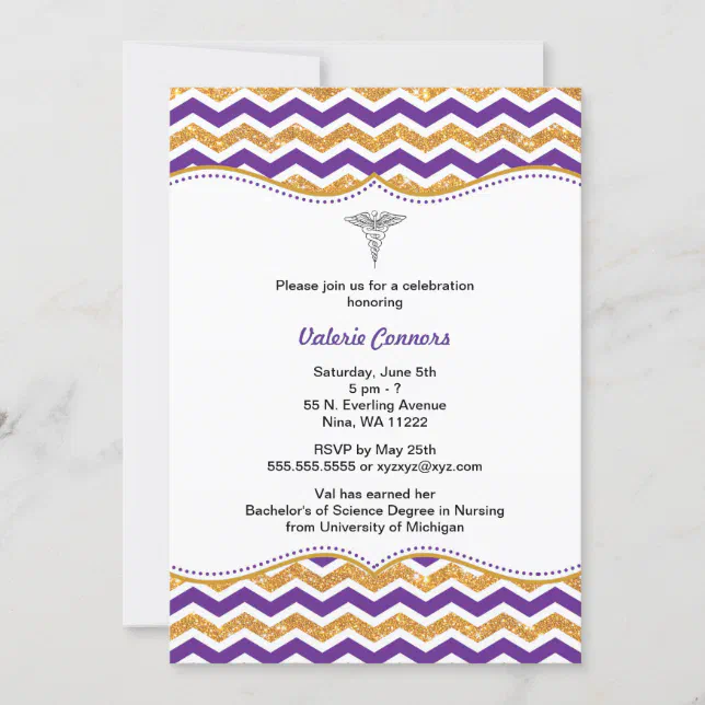 Purple & Gold Glitter Nurse Graduation RN BSN Invitation | Zazzle