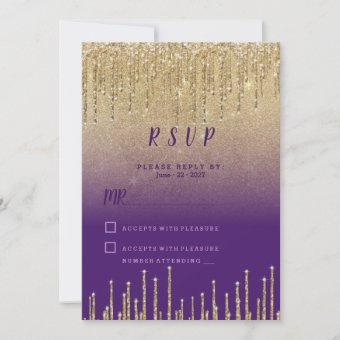 Purple gold glitter ombre drips script RSVP Invitation | Zazzle