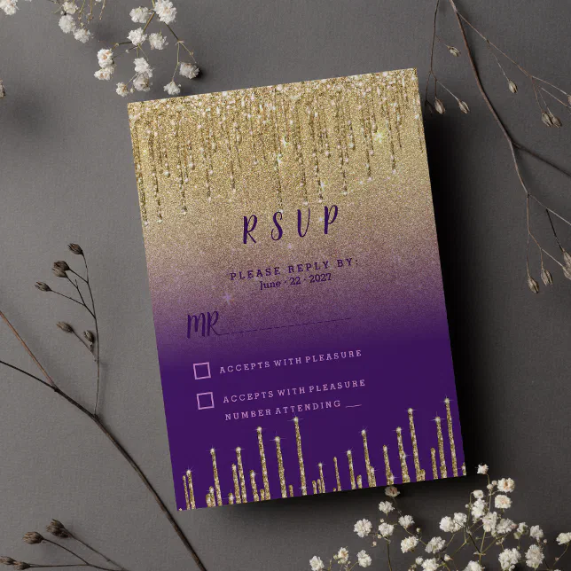 Purple gold glitter ombre drips script RSVP Invitation | Zazzle