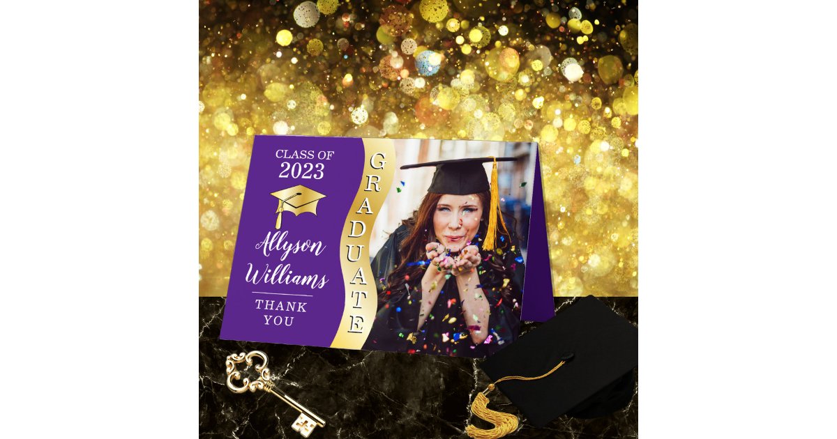 Purple | Gold Graduate Wave Grad Cap Photo Thank You Card | Zazzle