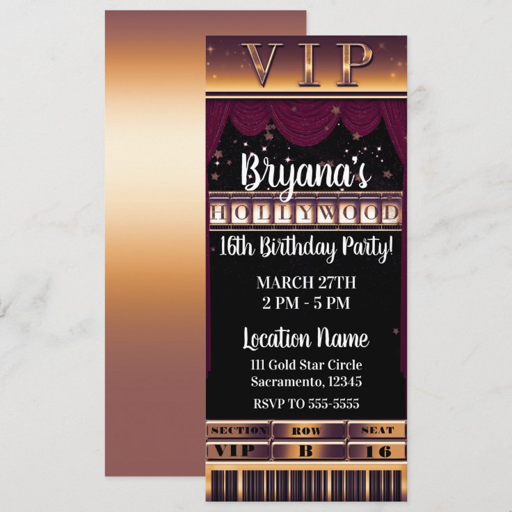 Purple Gold HOLLYWOOD Birthday Party VIP Ticket Invitation | Zazzle