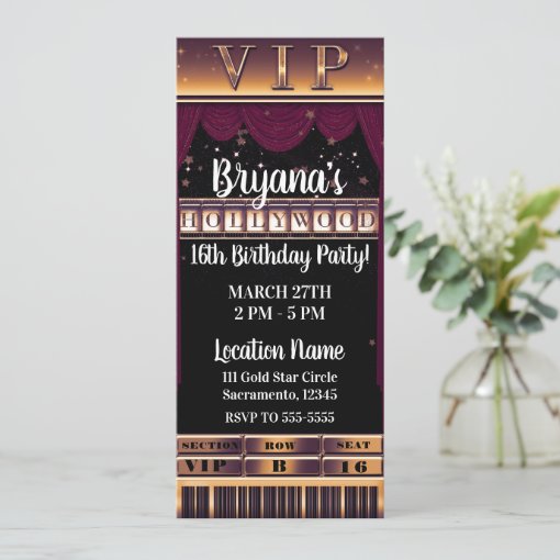 Purple Gold HOLLYWOOD Birthday Party VIP Ticket Invitation | Zazzle