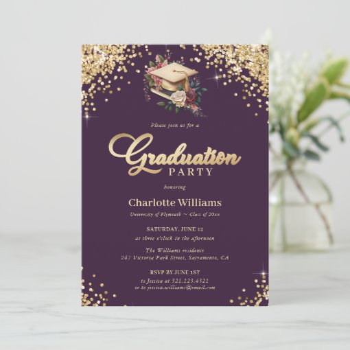 Purple Gold Law Medical School Graduation Party Invitation | Zazzle