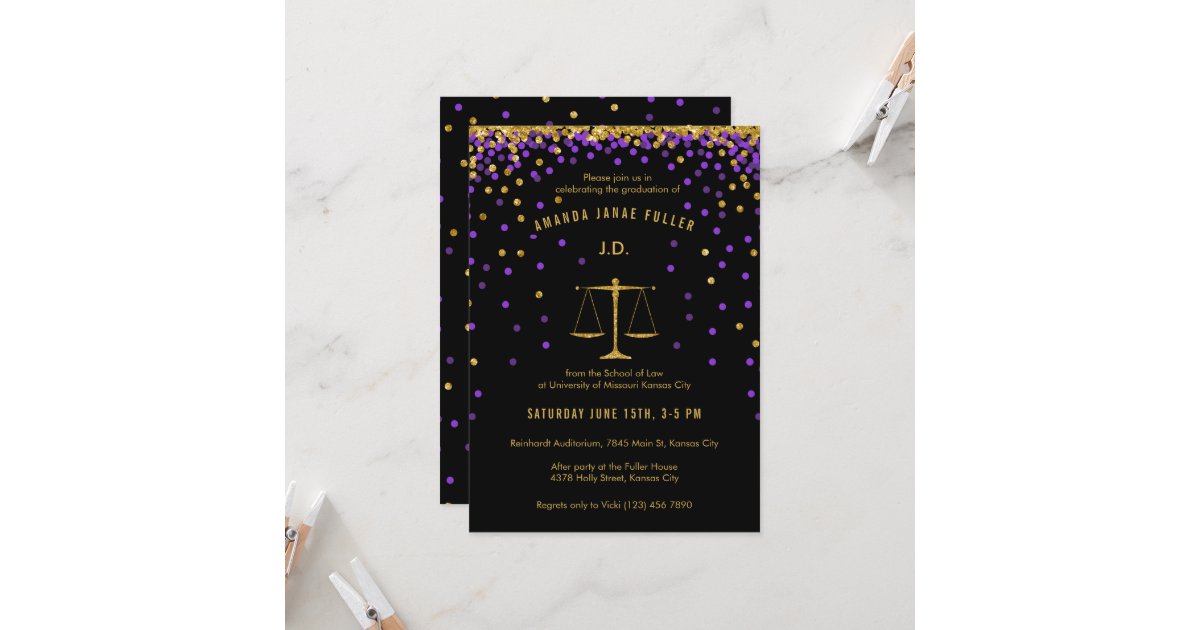 Purple & Gold Law School Graduation Invitation | Zazzle
