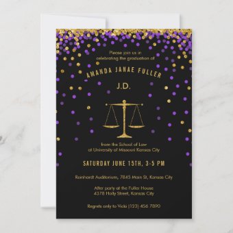Purple & Gold Law School Graduation Invitation | Zazzle
