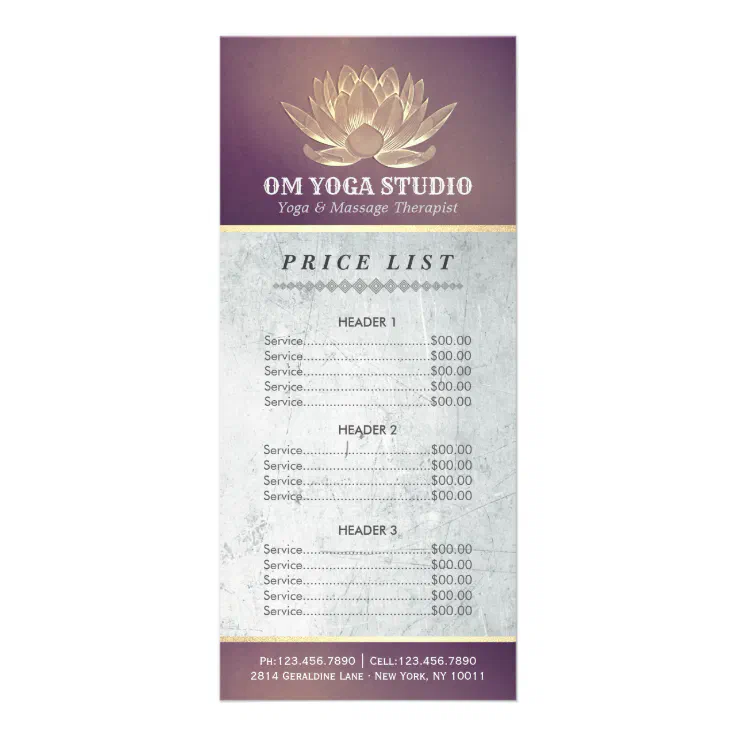 Purple Gold Lotus YOGA Reiki Instructor Price List Rack Card | Zazzle