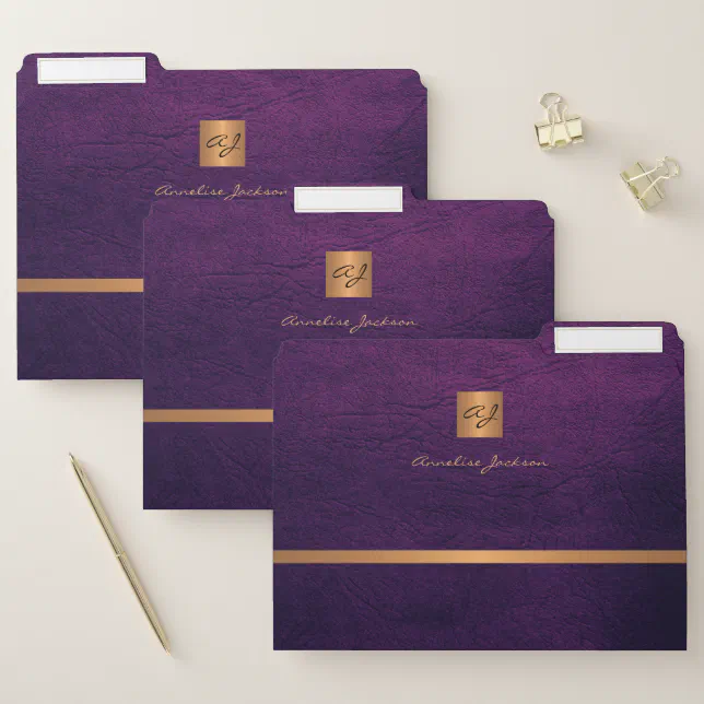 Purple gold monogrammed classy elegant chic file folder | Zazzle