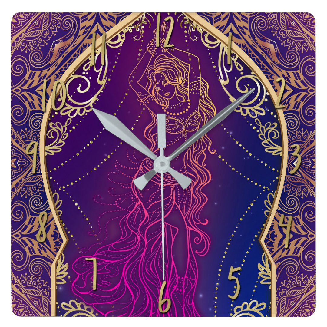Purple & Gold Moroccan Arabian Belly Dancing Glam Square Wall Clock ...