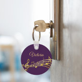 Purple gold music notes monogram name keychain | Zazzle