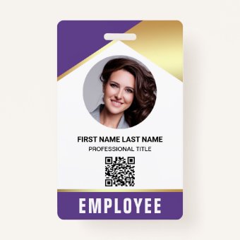 Purple Gold Name Photo QR Code Employee ID Card Badge | Zazzle