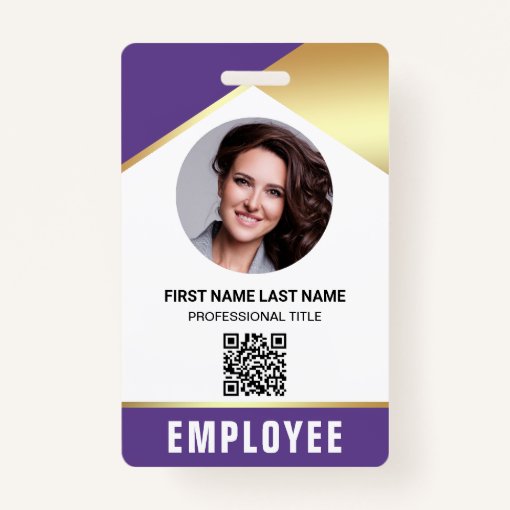 Purple Gold Name Photo QR Code Employee ID Card Badge | Zazzle