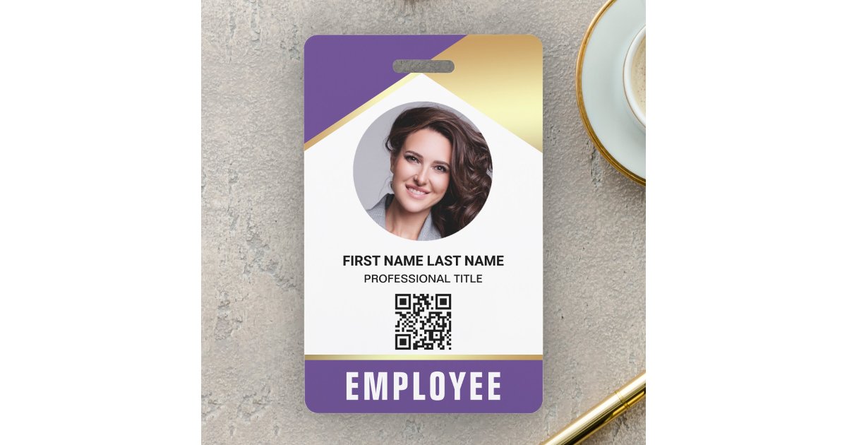 Purple Gold Name Photo QR Code Employee ID Card Badge | Zazzle