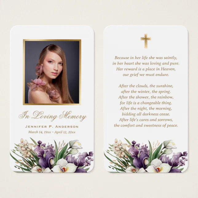 Purple Gold Orchid Funeral Memorial Prayer Cards | Zazzle