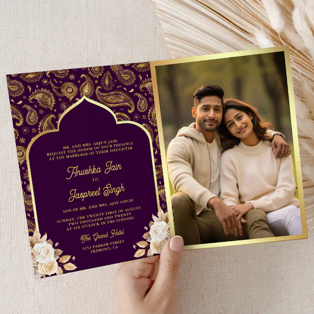 Purple Gold Paisley Floral QR Code Indian Wedding Invitation | Zazzle