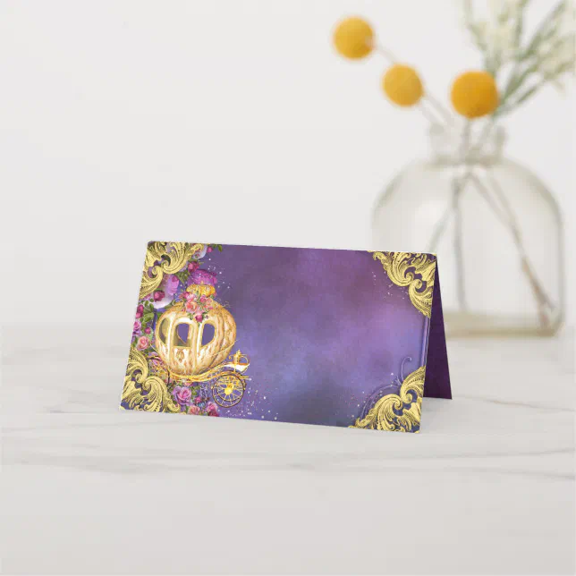 Purple Gold Princess Carriage Table Place Cards | Zazzle