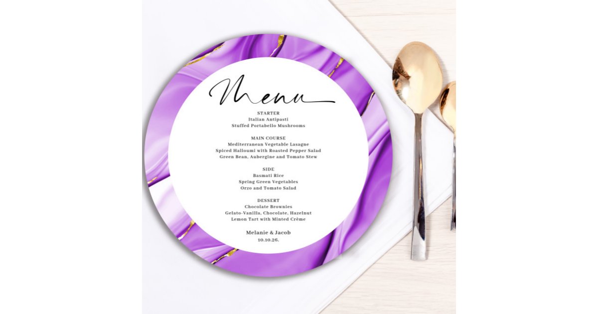Purple Gold Round Menu Card | Zazzle