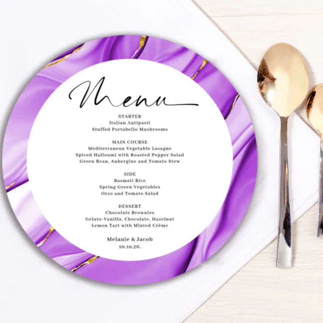Purple Gold Round Menu Card | Zazzle