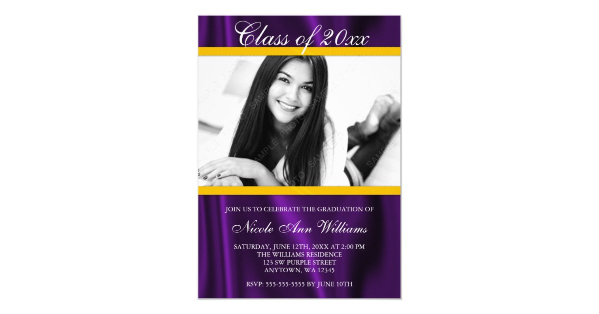 Purple Gold Satin Photo Graduation Announcement | Zazzle.com