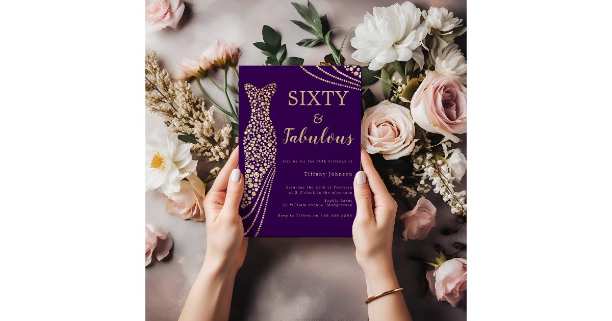 Purple & Gold Sixty & Fab 60th Birthday Invitation | Zazzle