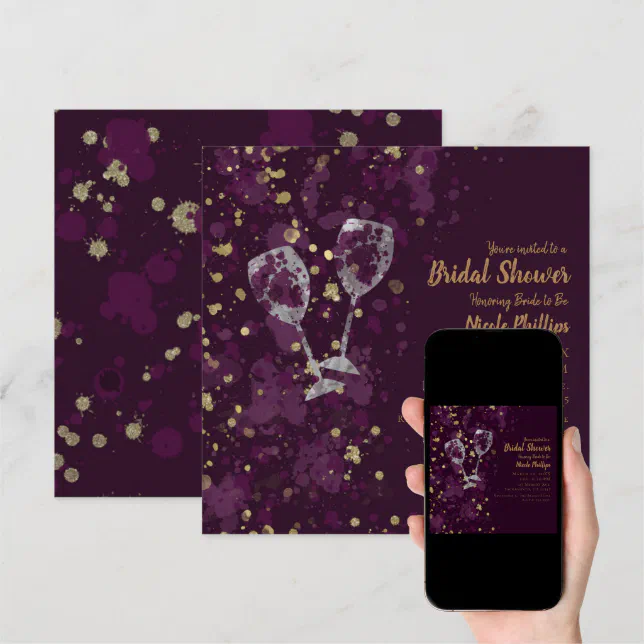 Purple & Gold Splatter Red Wine Modern Party Invitation | Zazzle