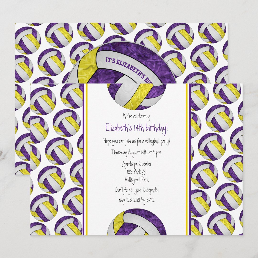 purple gold sporty girls volleyball birthday party invitation | Zazzle