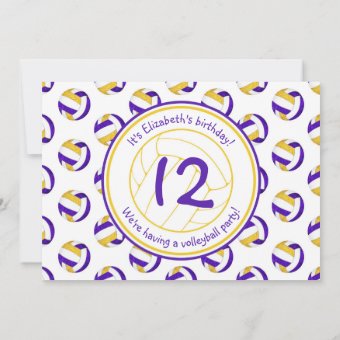 purple gold sporty girls volleyball birthday party invitation | Zazzle