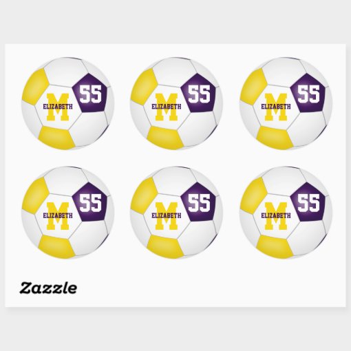 purple gold team colors soccer ball personalized classic round sticker ...