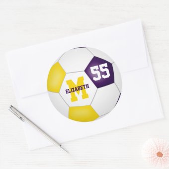 purple gold team colors soccer ball personalized classic round sticker ...