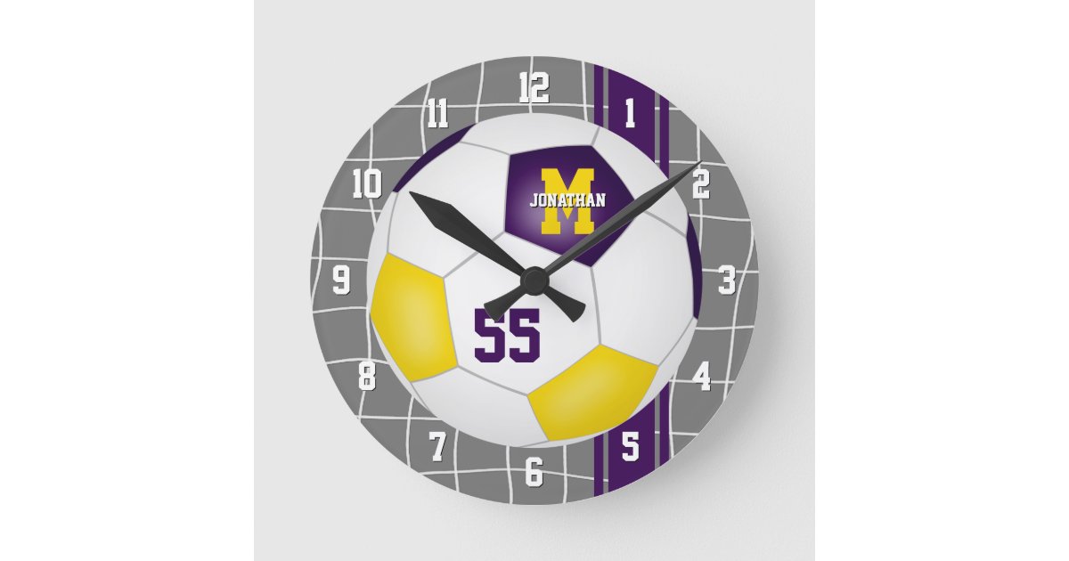 purple gold team colors varsity stripes soccer round clock | Zazzle