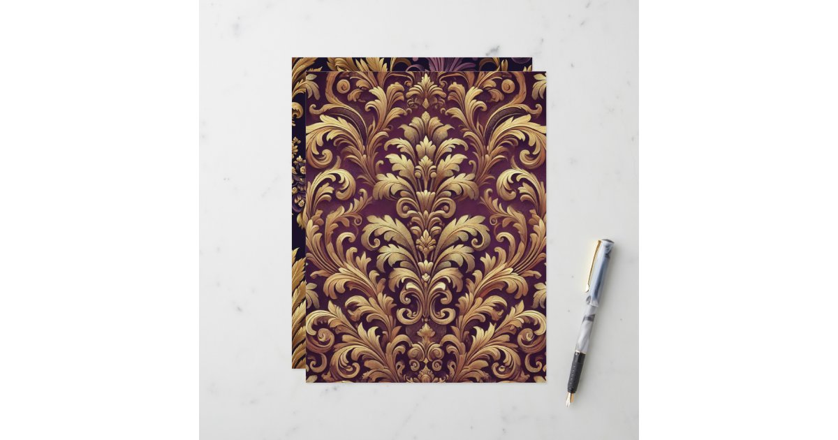 Purple & Gold Victorian Damask Scrapbook Paper | Zazzle