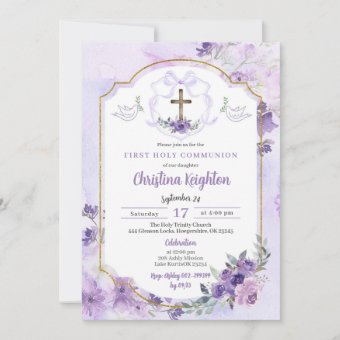 Purple Gold Watercolor Crest First Communion Invitation | Zazzle