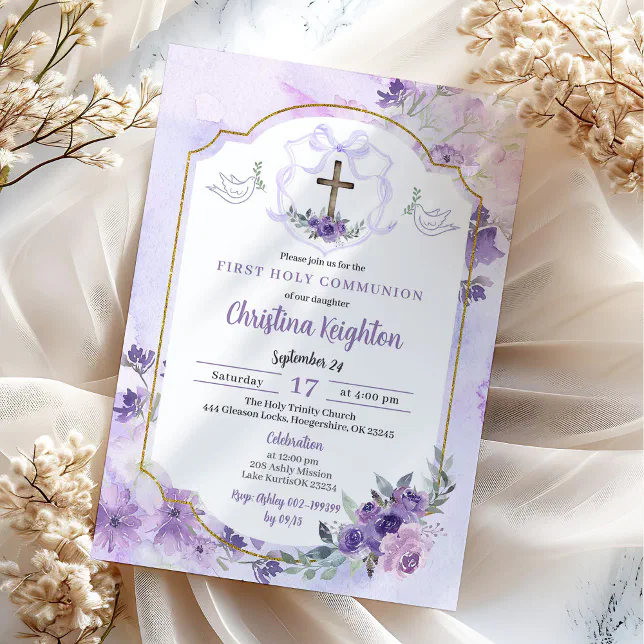 Purple Gold Watercolor Crest First Communion Invitation | Zazzle