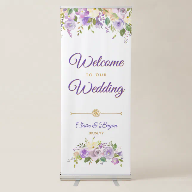 Purple Gold Watercolor Floral Wedding Welcome Retractable Banner | Zazzle