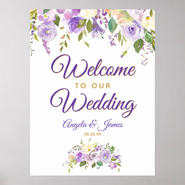 Purple Gold Watercolor Floral Welcome to Wedding Poster | Zazzle