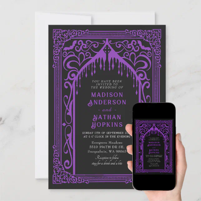 Purple Gothic Vampire Cathedral Wedding Invitation | Zazzle