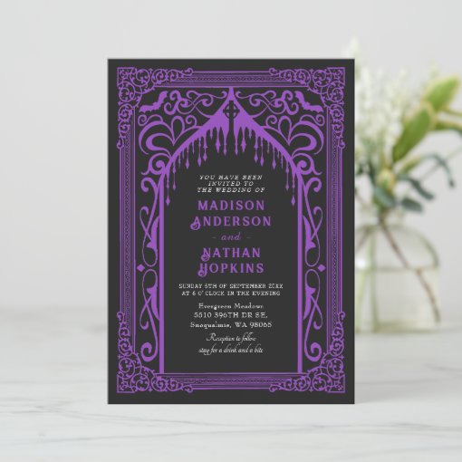 Purple Gothic Vampire Cathedral Wedding Invitation | Zazzle