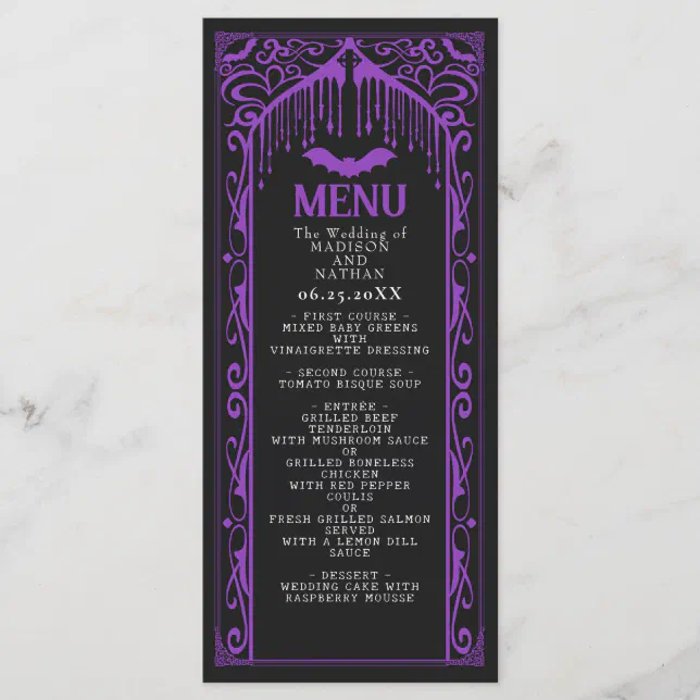 Purple Gothic Vampire Cathedral Wedding Menu | Zazzle