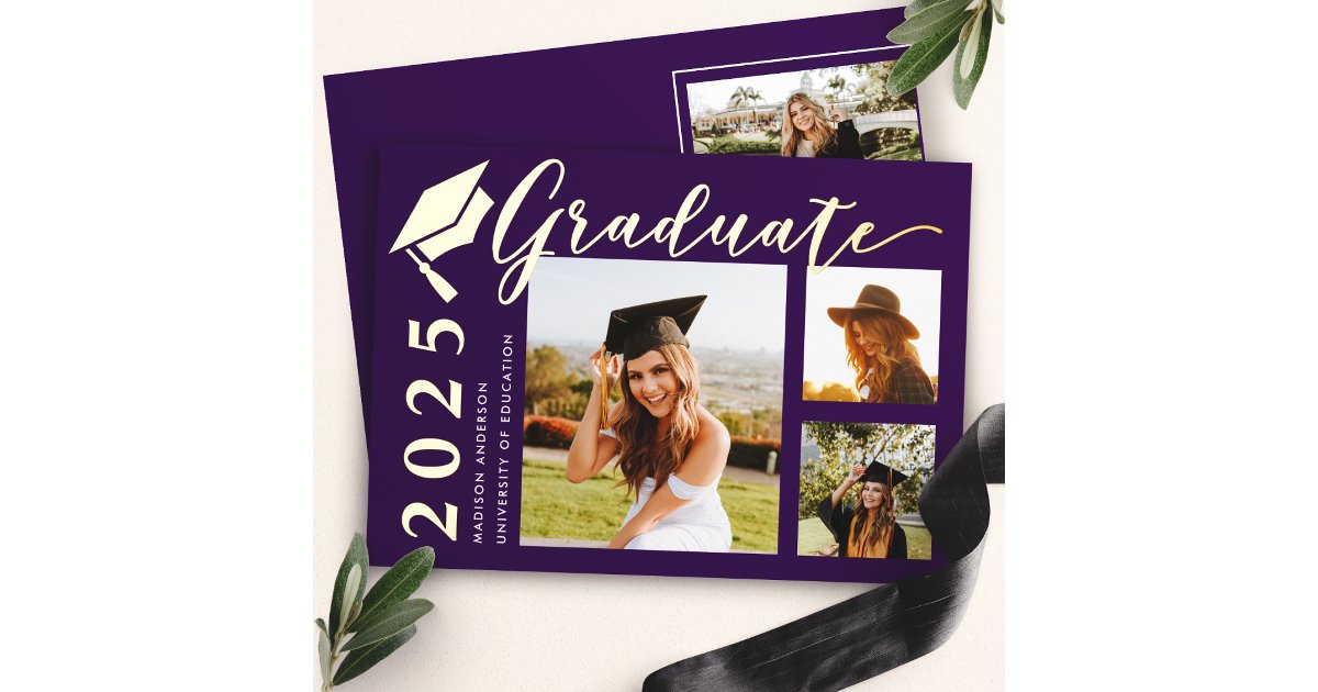Purple Grad Cap Photo Foil Graduation Announcement | Zazzle